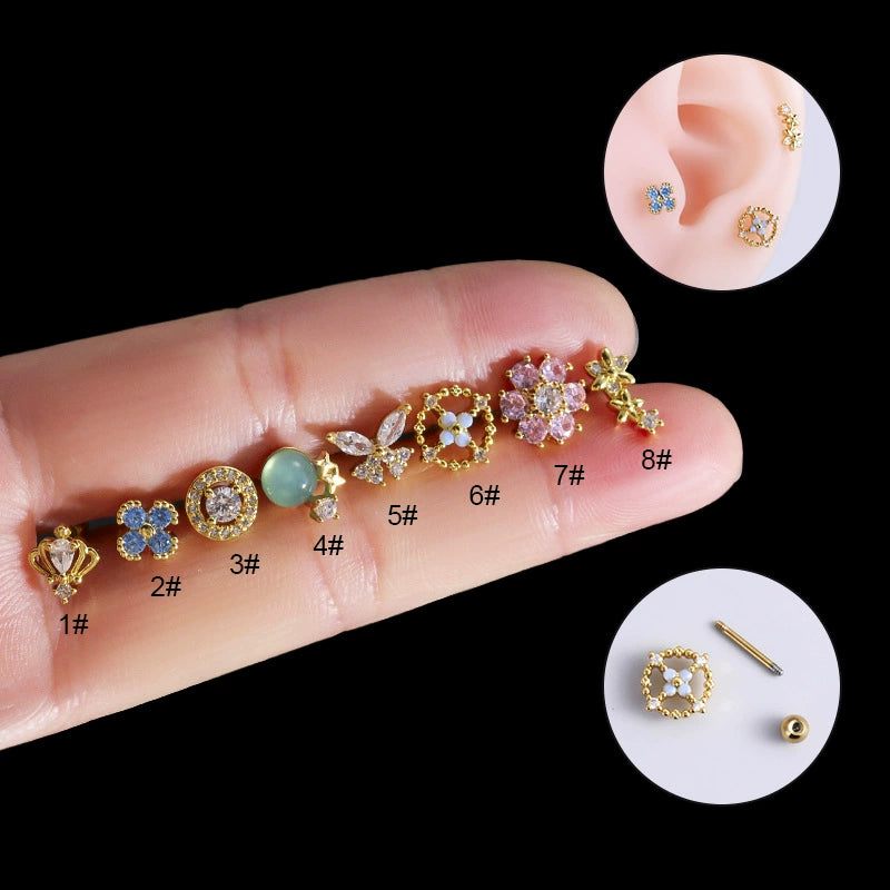 Women's Metal Double Head Screw Thin Rod Zircon Ear Nail With Flower D ...