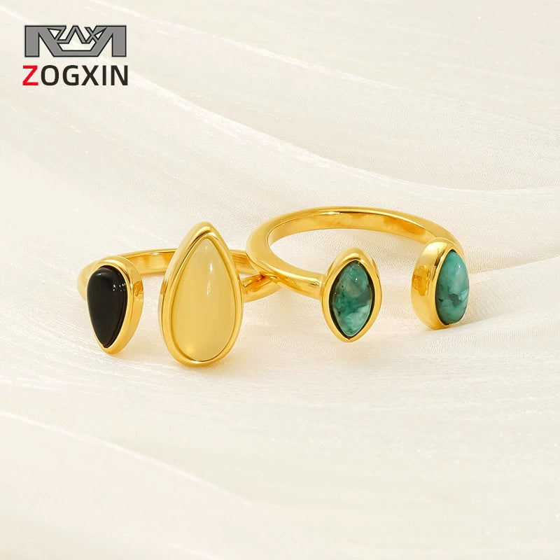 Women's Natural Stone Stainless Steel Geometric Opening Ring With ...