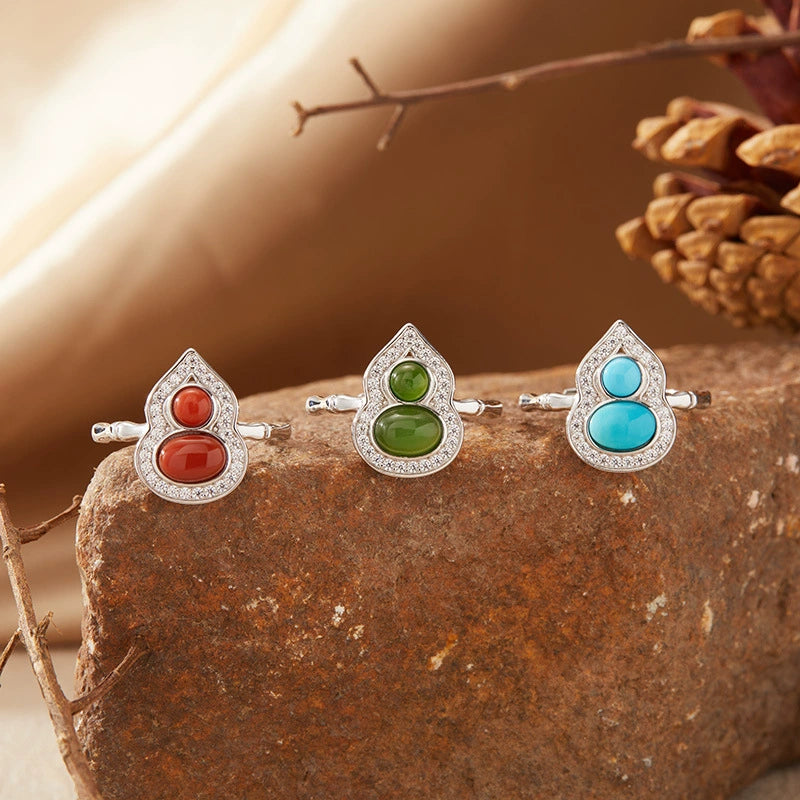 Women's S925 Sterling Silver Gourd Shaped Colored Gemstone Ring Set ...
