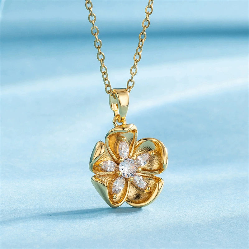 Women's Simple Stainless Steel Flower Pendant Necklace With Mixed Gem ...