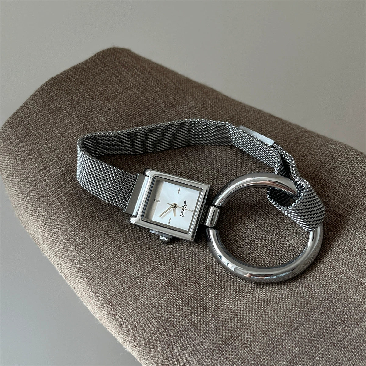 Women's Vintage Niche Metal Case Ordinary Glass Mirror Mesh Band Square ...