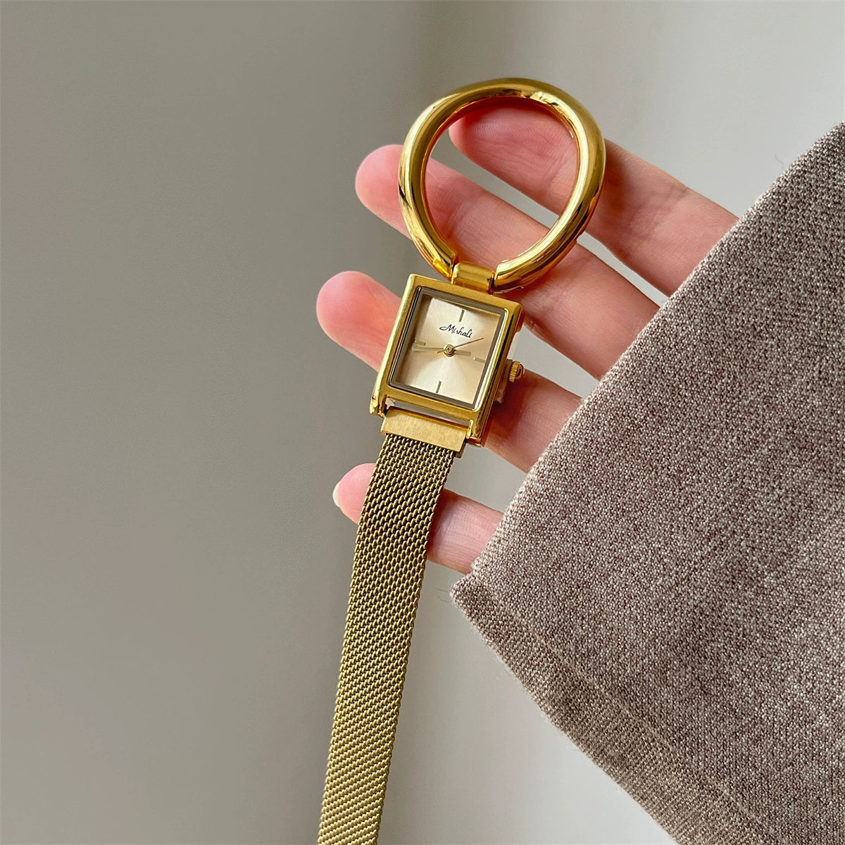 Women's Vintage Niche Metal Case Ordinary Glass Mirror Mesh Band Square ...